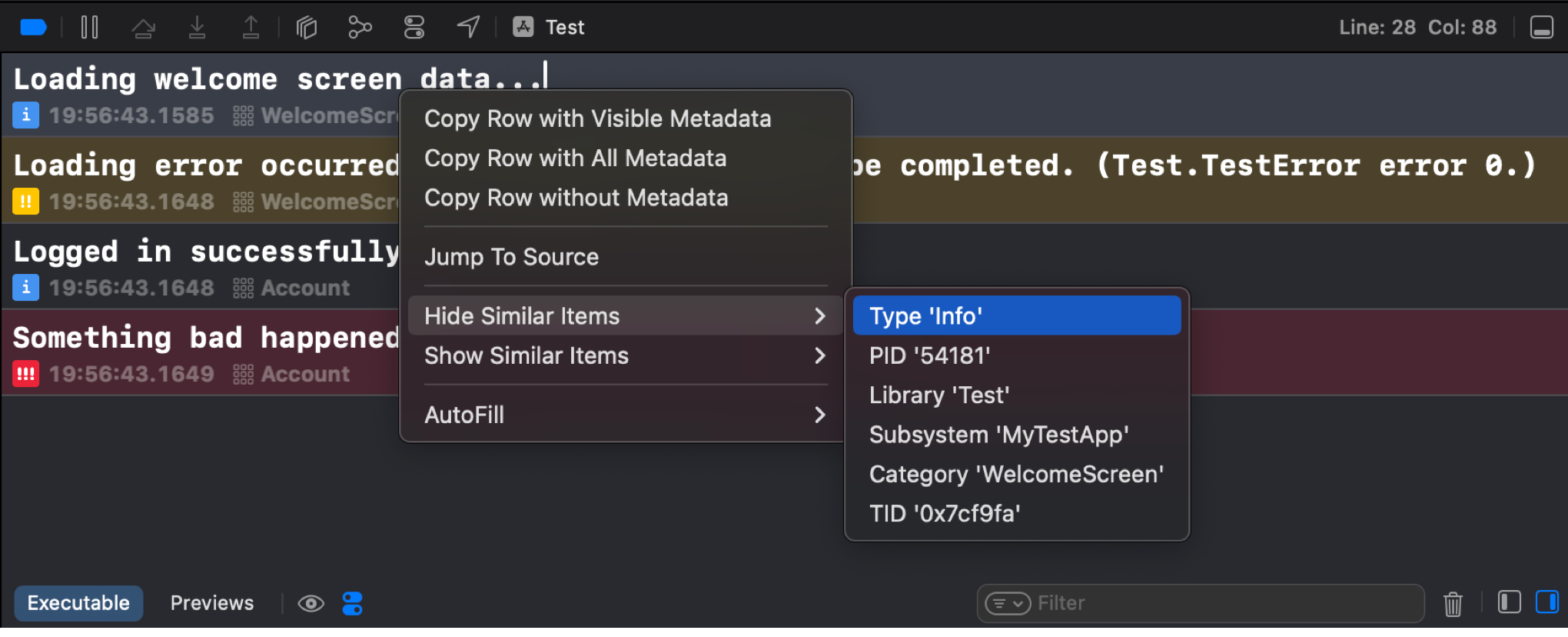 Filtering logs in Xcode 15