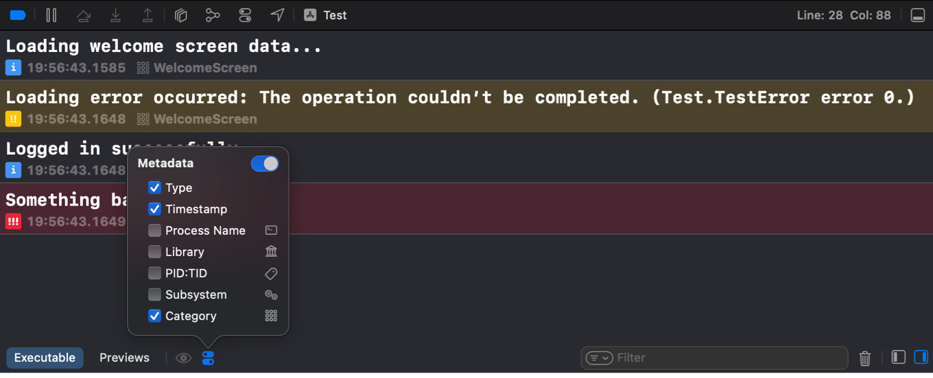 Filtering logs in Xcode 15