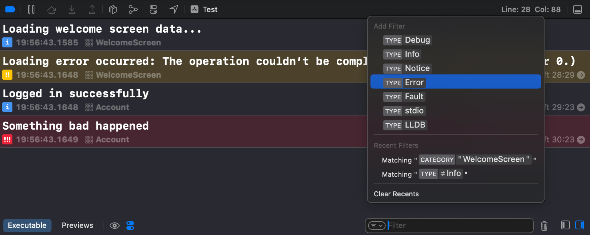 Filtering logs in Xcode 15