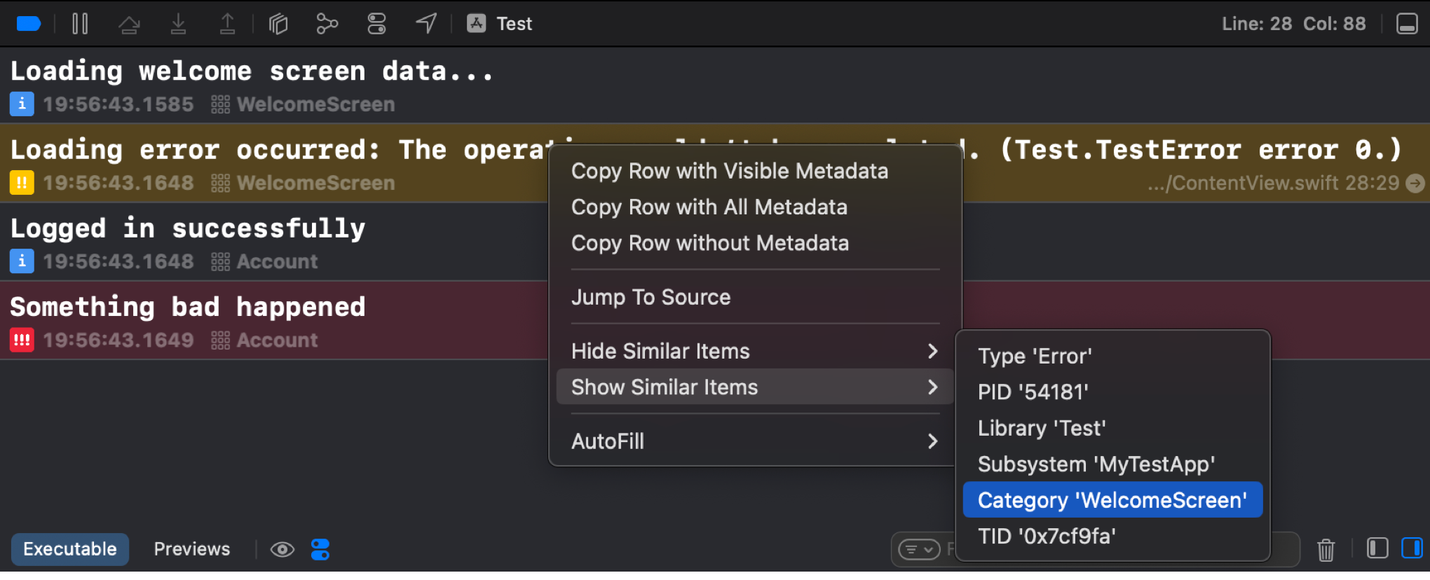 Filtering logs in Xcode 15
