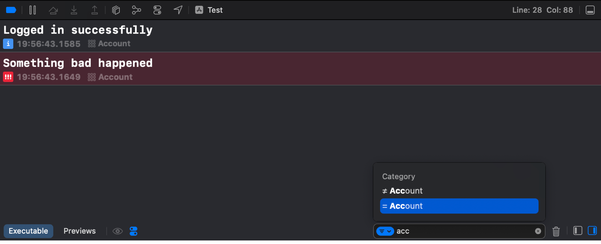 Filtering logs in Xcode 15
