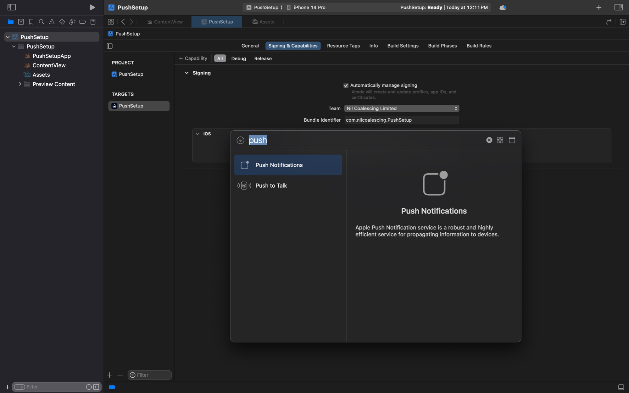 iOS app setup for remote push notifications