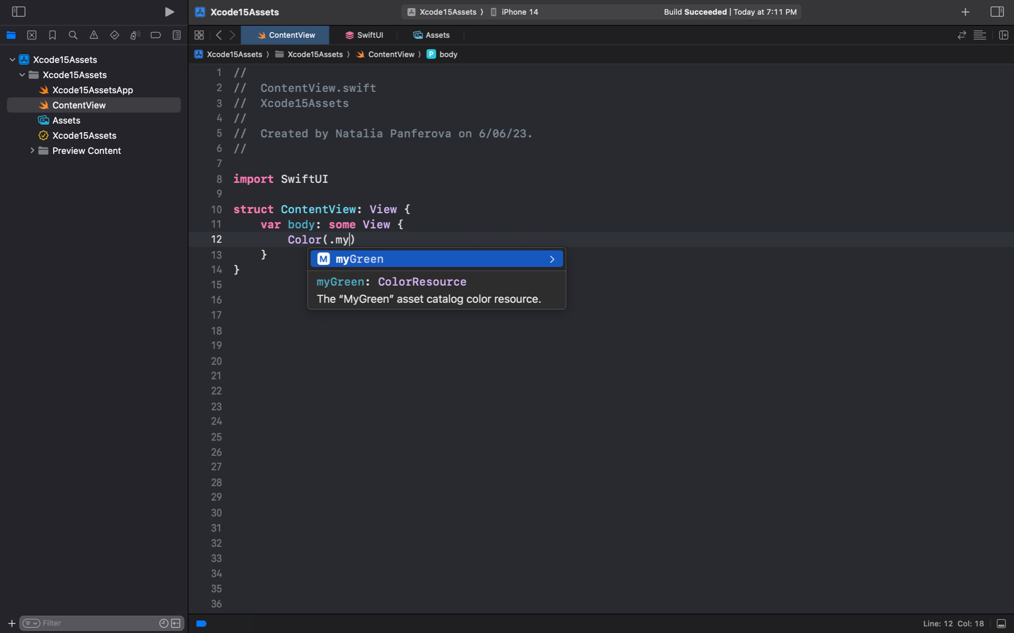 Access colors and images from asset catalog via static properties in Xcode 15